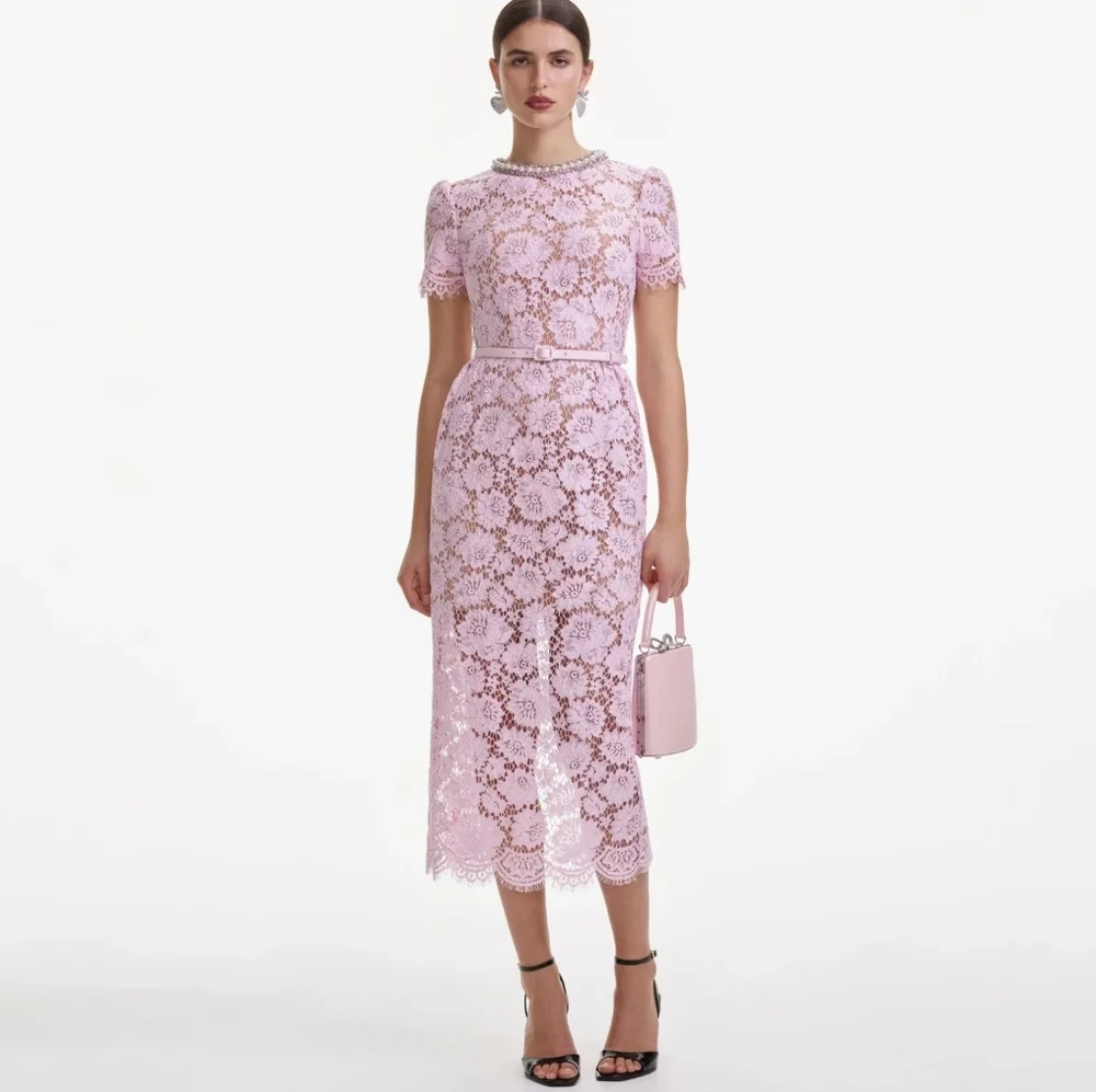 Self-Portrait | Dresses | Selfportrait Pink Fine Lace Pearl Midi Dress ...